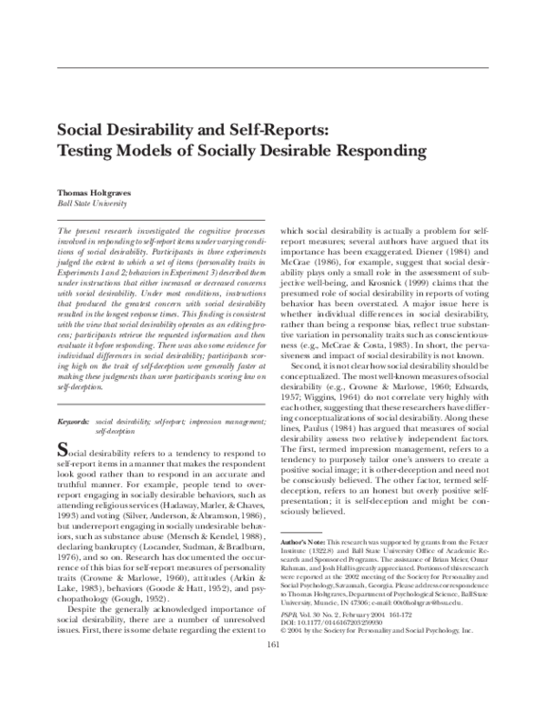 (PDF) Social Desirability and Self-Reports: Testing Models of Socially ...