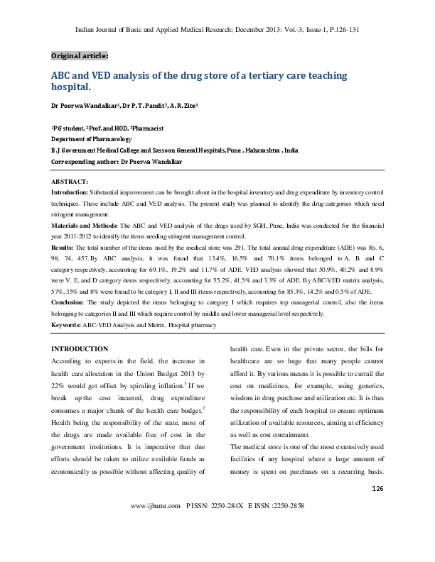 (PDF) ABC and VED analysis of the drug store of a tertiary care ...