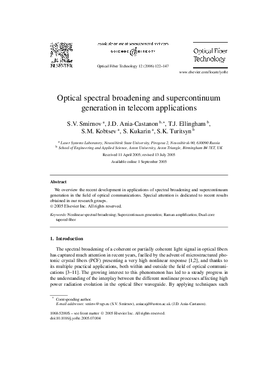 (PDF) Optical spectral broadening and supercontinuum generation in telecom applications