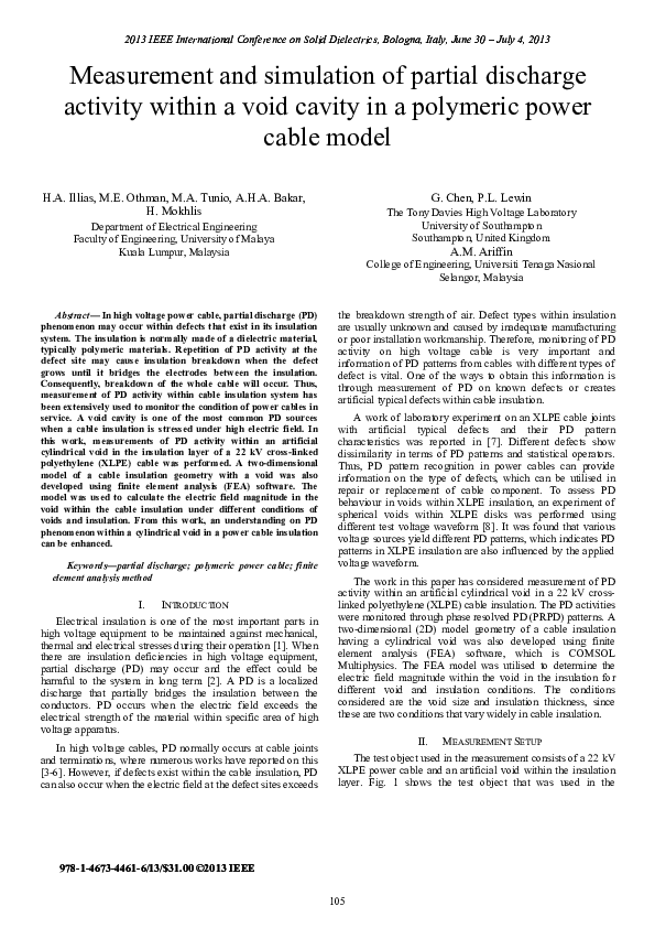 (PDF) Measurement and simulation of partial discharge activity within a void cavity in a ...