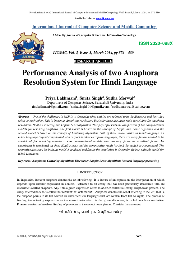 (PDF) Performance Analysis of two Anaphora Resolution System for Hindi Language