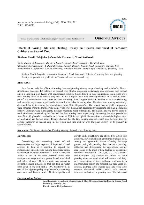 Pdf Effects Of Sowing Date And Planting Density On Growth And Yield
