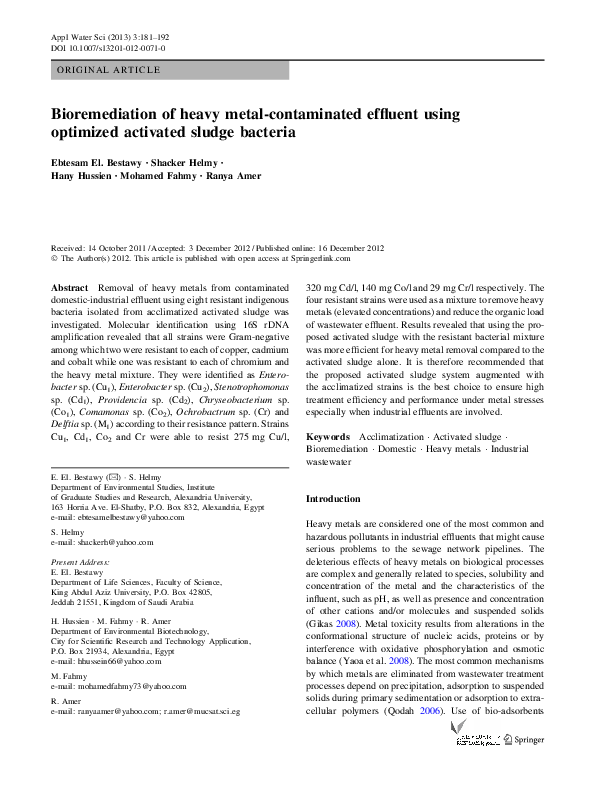 (PDF) Bioremediation of heavy metal-contaminated effluent using optimized activated sludge bacteria