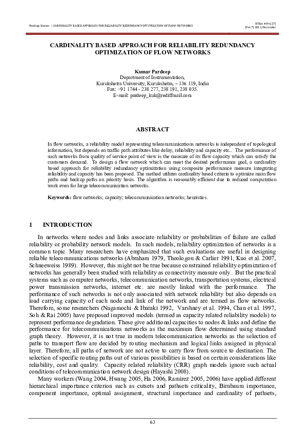 Pdf Pardeep Kumar Cardinality Based Approach For Reliability Redundancy Optimization Of Flow