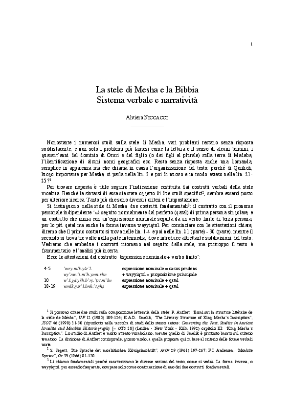 (PDF) 1994-La stele di Mesha e la Bibbia Sistema verbale e narratività