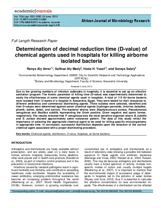 (PDF) Determination of decimal reduction time (D-value) of chemical ...