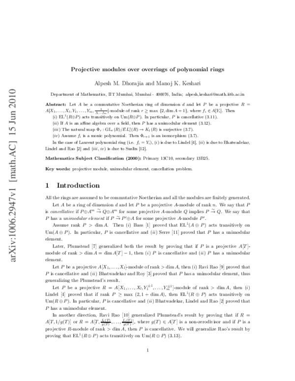 (PDF) Projective modules over overrings of polynomial rings (PDF) Projective modules over overrings of polynomial rings