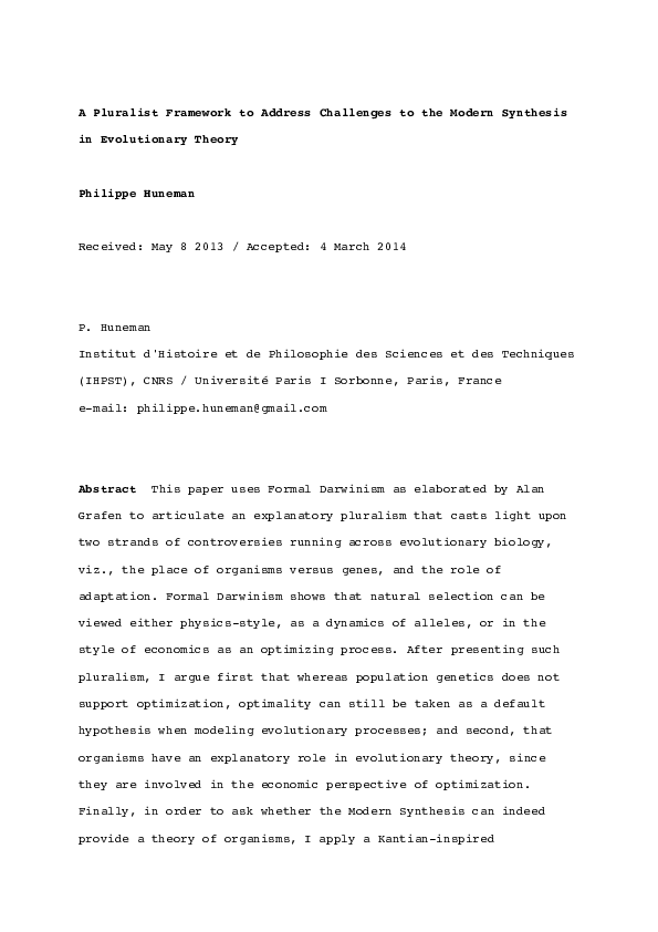 Pdf A Pluralist Framework To Address Challenges To The Modern Synthesis In Evolutionary Theory