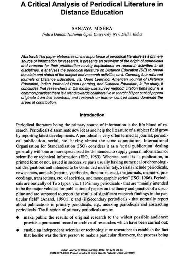 (PDF) A critical analysis of periodical literature in distance education