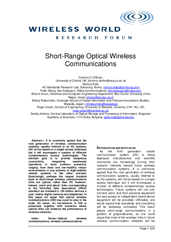 Pdf Short Range Optical Wireless Communications