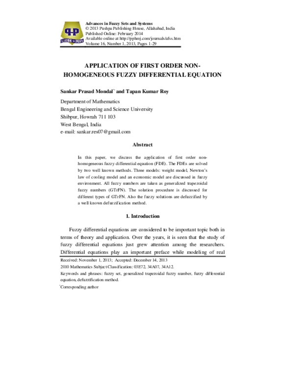 Pdf Application Of First Order Non Homogeneous Fuzzy Differential