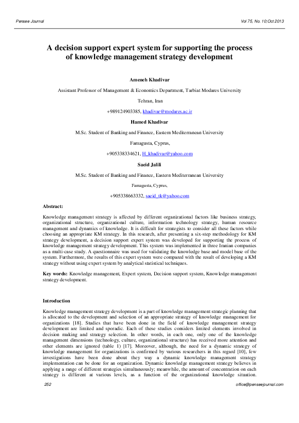 (PDF) A decision support expert system for supporting the process of knowledge management ...