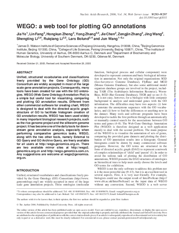 (PDF) WEGO: a web tool for plotting GO annotations (PDF) WEGO: a web tool for plotting GO annotations
