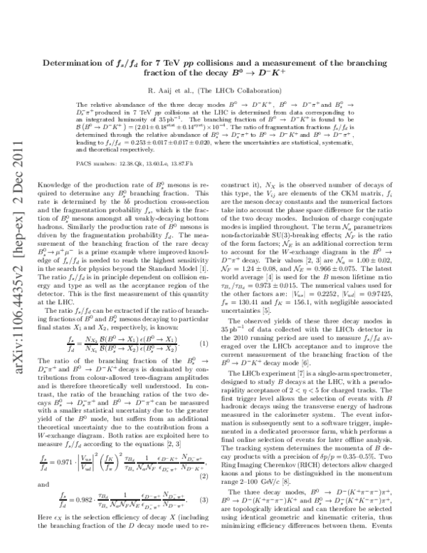 (PDF) Determination of $f_s/f_d$ for 7 TeV $pp$ collisions and a measurement of the branching ...