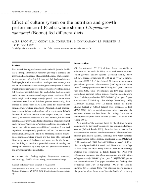 (PDF) Effect of culture system on the nutrition and growth performance of Pacific white shrimp ...