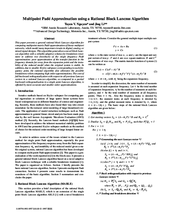 (PDF) Multipoint Padé approximation using a rational block Lanczos algorithm