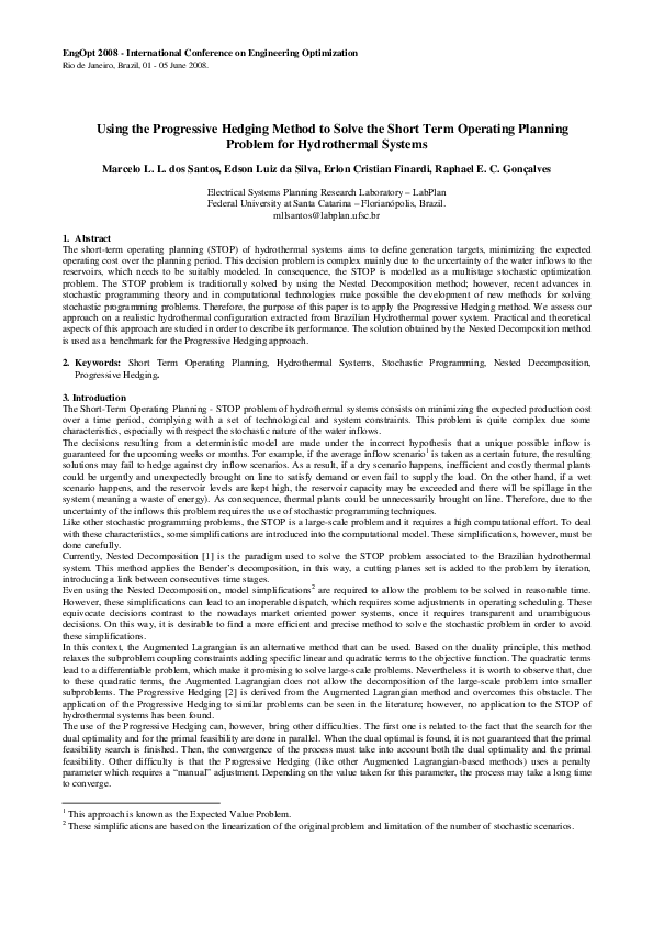 (PDF) Using the Progressive Hedging Method to Solve the Short Term Operating Planning Problem ...