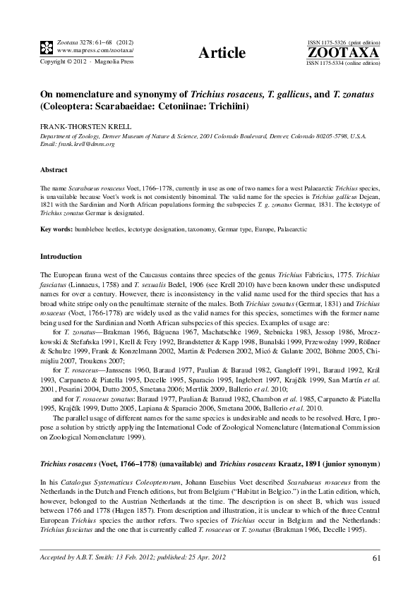 (PDF) On nomenclature and synonymy of Trichius rosaceus, T. gallicus ...