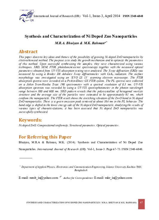 SYNTHESIS AND CHARACTERIZATION OF NI DOPED ZNO NANOPARTICLES