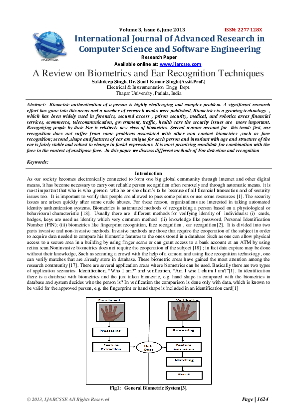 (PDF) 2013, IJARCSSE All Rights Reserved A Review on Biometrics and Ear Recognition Techniques