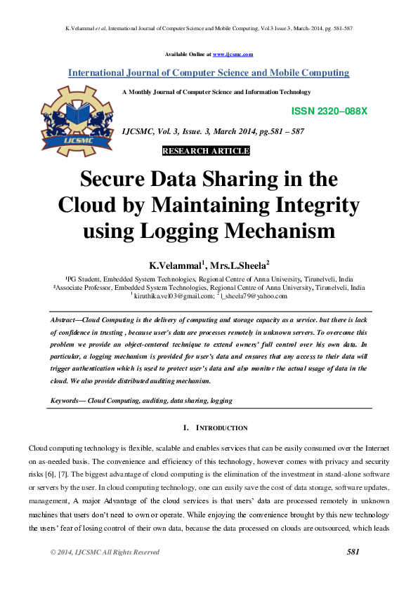 (PDF) Secure Data Sharing in the Cloud by Maintaining Integrity using Logging Mechanism | IJCSMC ...