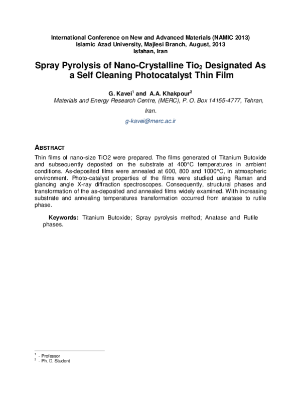 (PDF) Spray Pyrolysis of Nano-Crystalline Tio 2 Designated As a Self ...