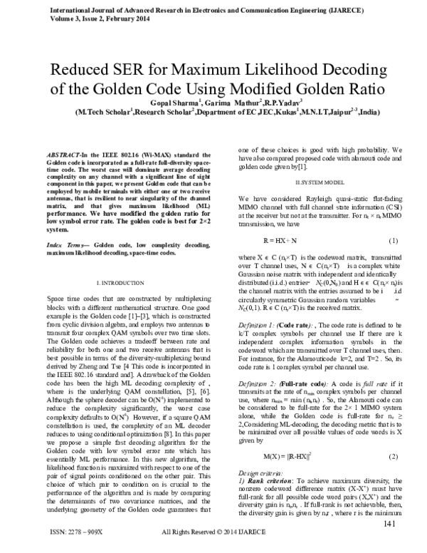 (PDF) Reduced SER for Maximum Likelihood Decoding of the Golden Code using Modified Golden Ratio