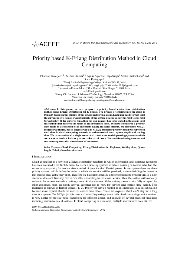 Priority Based K Erlang Distribution Method In Cloud Computing