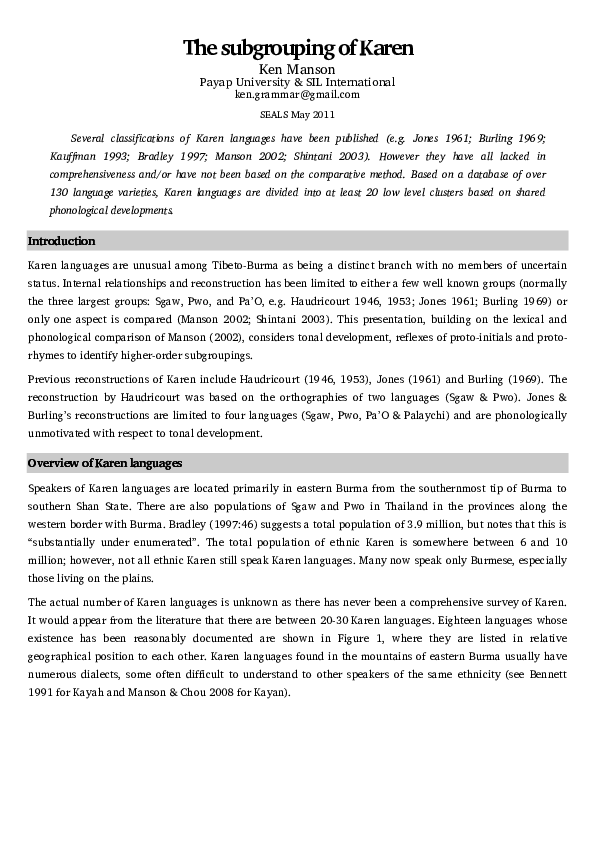 (PDF) The subgrouping of Karen languages
