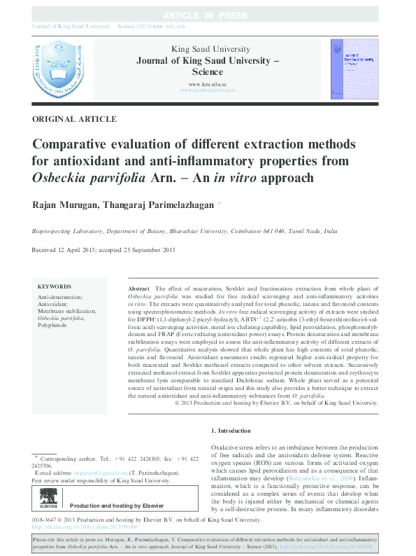 Comparative evaluation of different extraction methods for antioxidant and anti-inflammatory ...