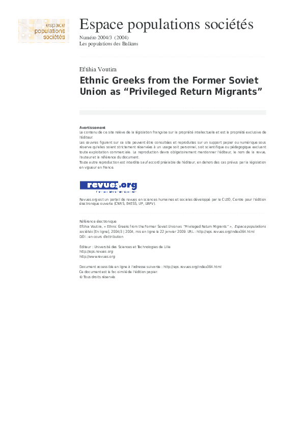 (PDF) Ethnic Greeks from the Former Soviet Union as 'Privileged Return ...