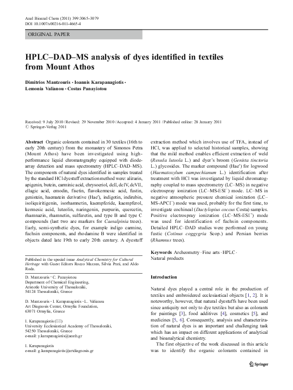 (PDF) HPLC–DAD–MS analysis of dyes identified in textiles from Mount Athos