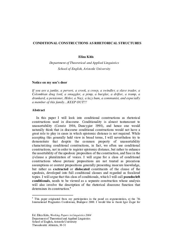 (PDF) CONDITIONAL CONSTRUCTIONS AS RHETORICAL STRUCTURES