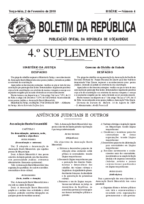 (PDF) BOLETIM DA REPÚBLICA III SÉRIE — Número 4 4.º SUPLEMENTO ANÚNCIOS ...