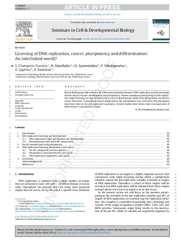 (PDF) Licensing of DNA replication, cancer, pluripotency and ...