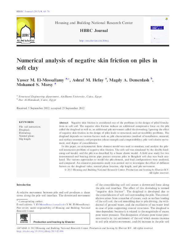 (PDF) Numerical analysis of negative skin friction on piles in soft clay