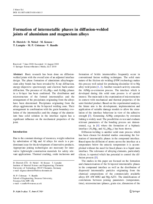 (PDF) Formation of intermetallic phases in diffusion-welded joints of ...
