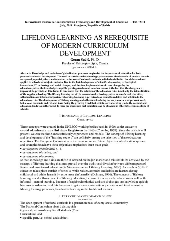 (PDF) LIFELONG LEARNING AS REREQUISITE OF MODERN CURRICULUM DEVELOPMENT