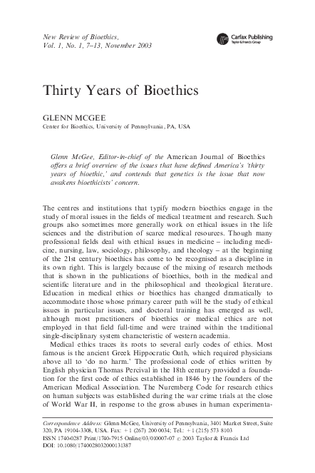 (PDF) 30 Years of bioethics: a look back at the history of bioethics