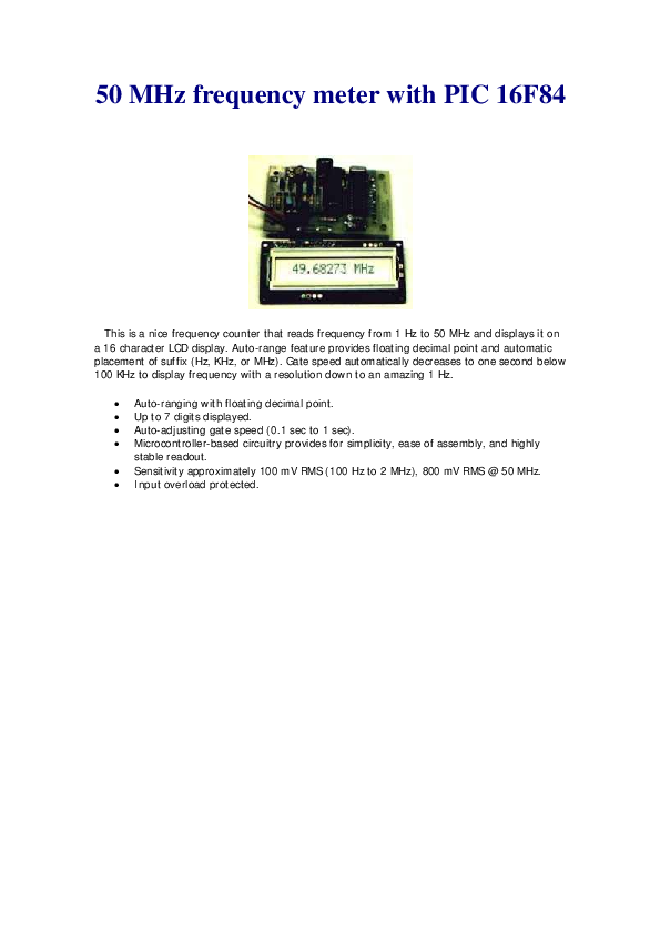 50 MHz frequency meter with PIC 16F84