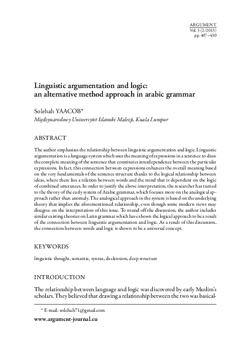 Pdf Linguistic Argumentation And Logic An Alternative Method Approach In Arabic Grammar