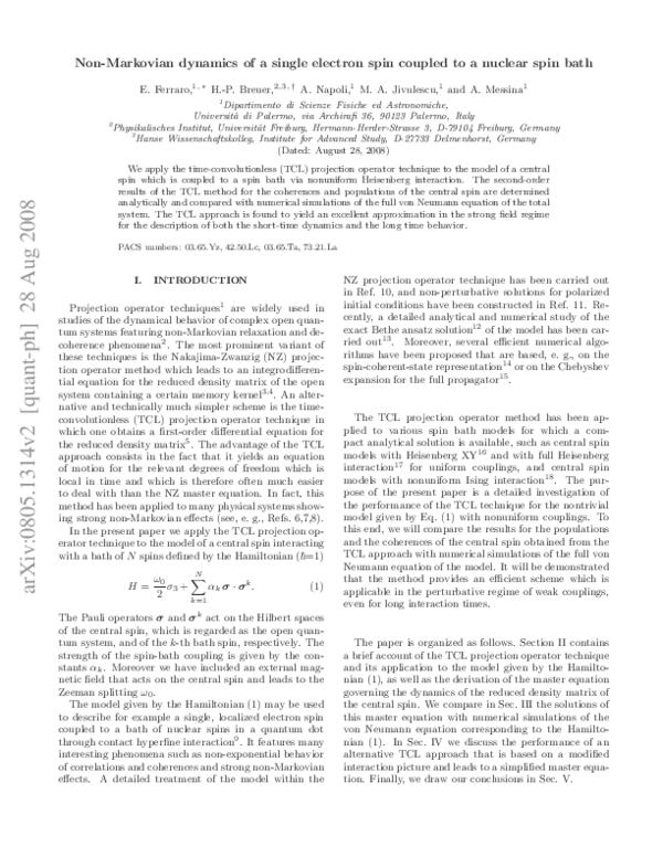 (PDF) Non-Markovian dynamics of a single electron spin coupled to a nuclear spin bath