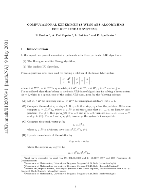 (PDF) Computational Experiments with Abs Algorithms for KKT Linear Systems