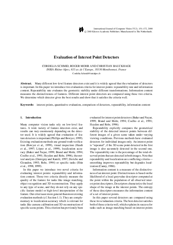 (PDF) Evaluation of Interest Point Detectors