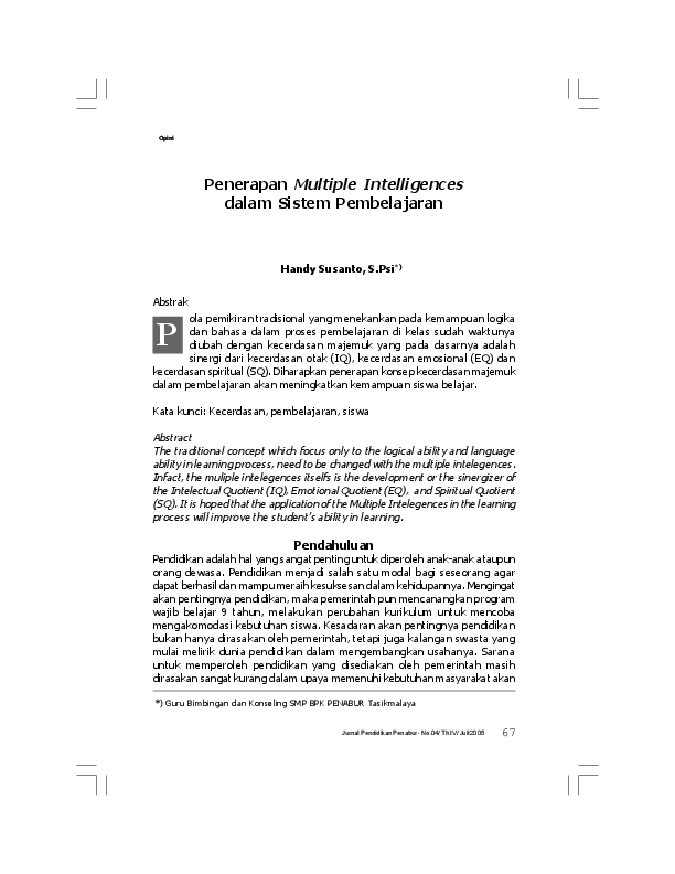 (PDF) Menerapkan Multiple Intelligences dalam Sistem Pembelajaran Penerapan Multiple ...