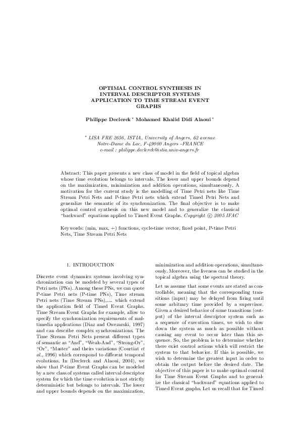 Pdf Optimal Control Synthesis In Interval Descriptor Systems