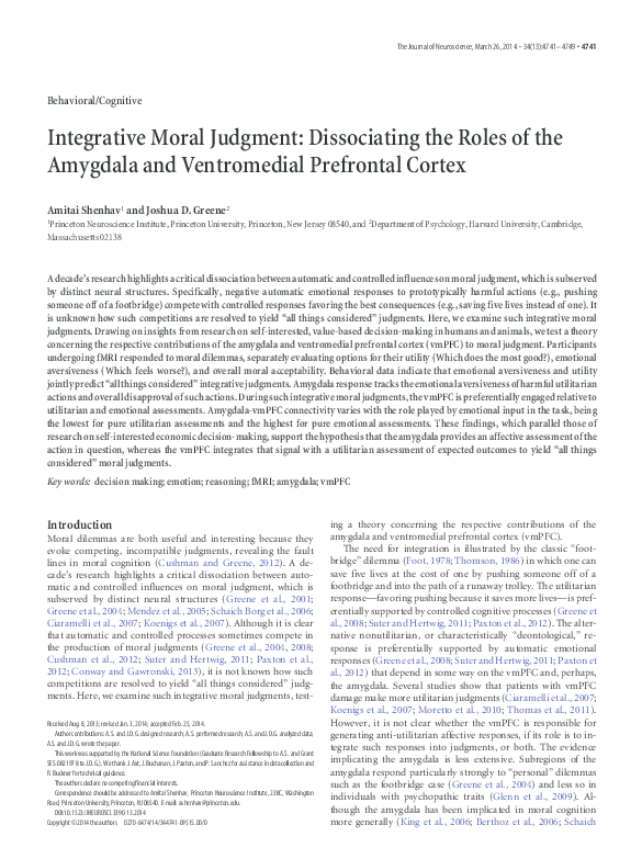 (PDF) Integrative moral judgment: Dissociating the roles of the ...