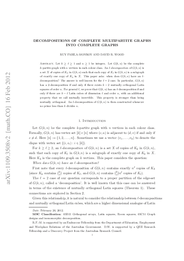 (PDF) Decompositions of Complete Multipartite Graphs into Complete Graphs