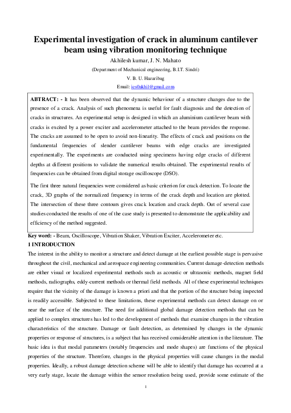 (PDF) Experimental investigation of crack in aluminum cantilever beam using vibration monitoring ...