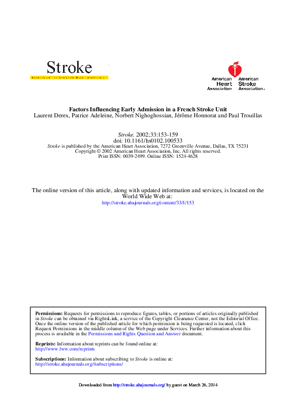 (PDF) Factors Influencing Early Admission in a French Stroke Unit